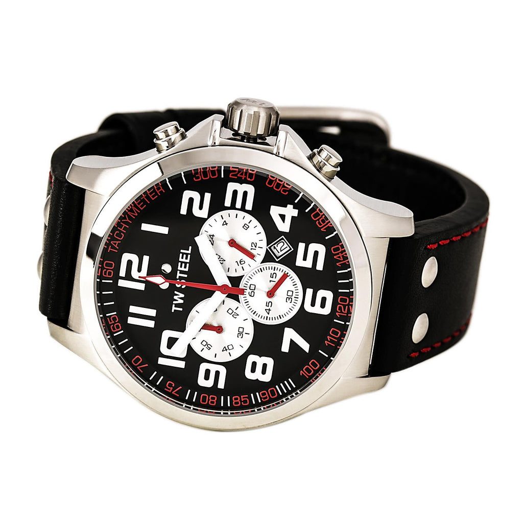 TW Steel Pilot 45mm Chronograph Black Dial Leather Black/Red Strap Wat ...